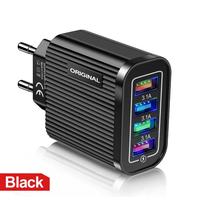 Сетевое зарядное устройство с 4 USB-портами, 220-5 В, 3 А Black EU