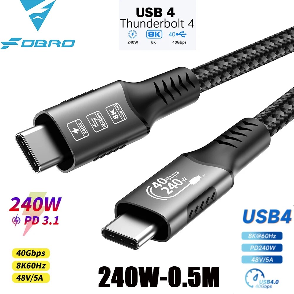 Тип C Thunderbolt 4 Кабель 40 Гбит/с 8K 60 Гц Стандарт USB4 USB C PD3.1 QC4.0 240 Вт Быстрая зарядка для Huawei Iphone 15 Macbook Pro 240W-0.5M