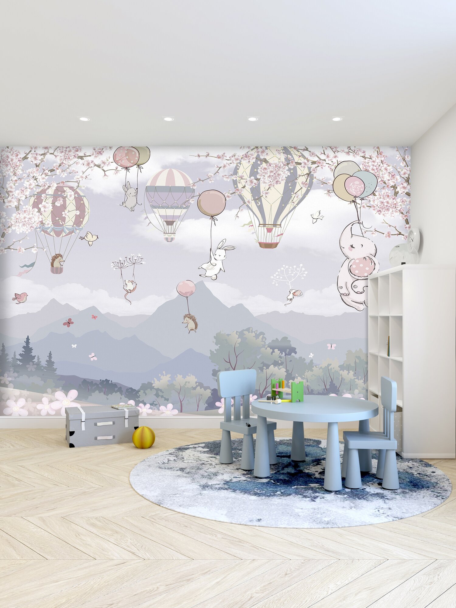 Фотообои детские 400 х 270 см "Зверята на воздушных шарах" / обои в детскую комнату, для мальчика, для девочки