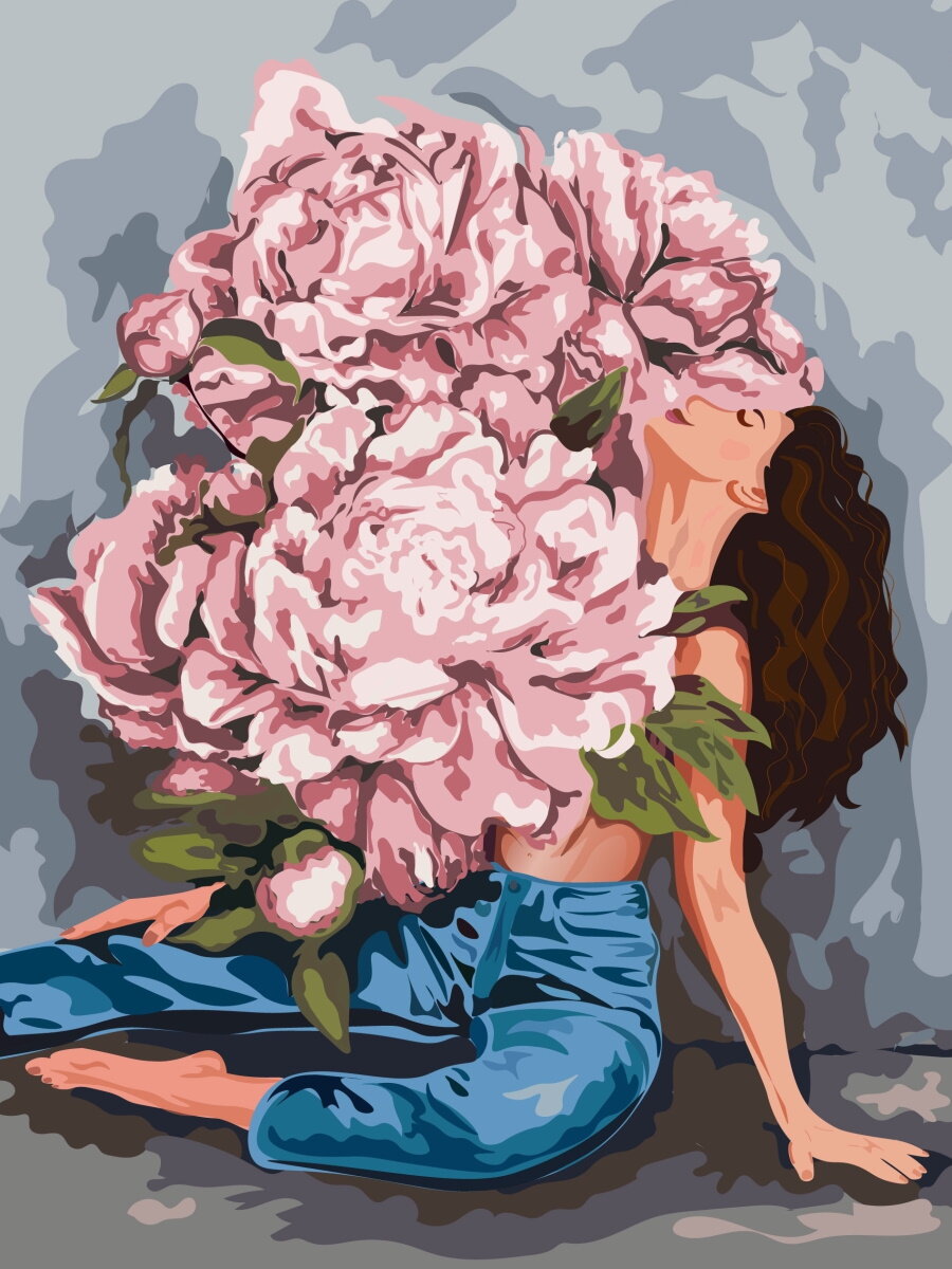 Мозаика алмазная 30х40см Девушка в пионах рыжий КОТ