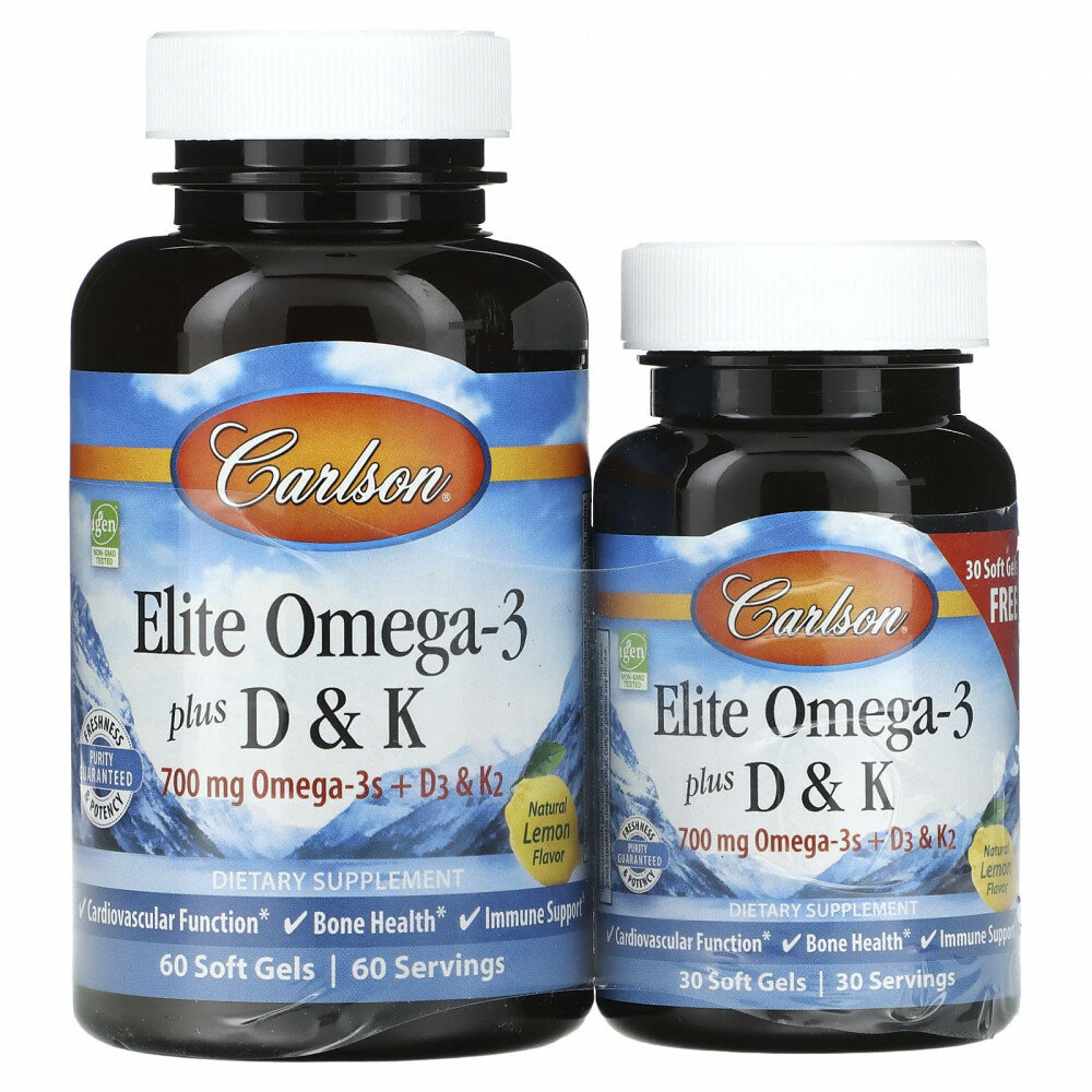 Carlson, Elite Omega-3 с витаминами D и K, натуральный лимон, 90 капсул
