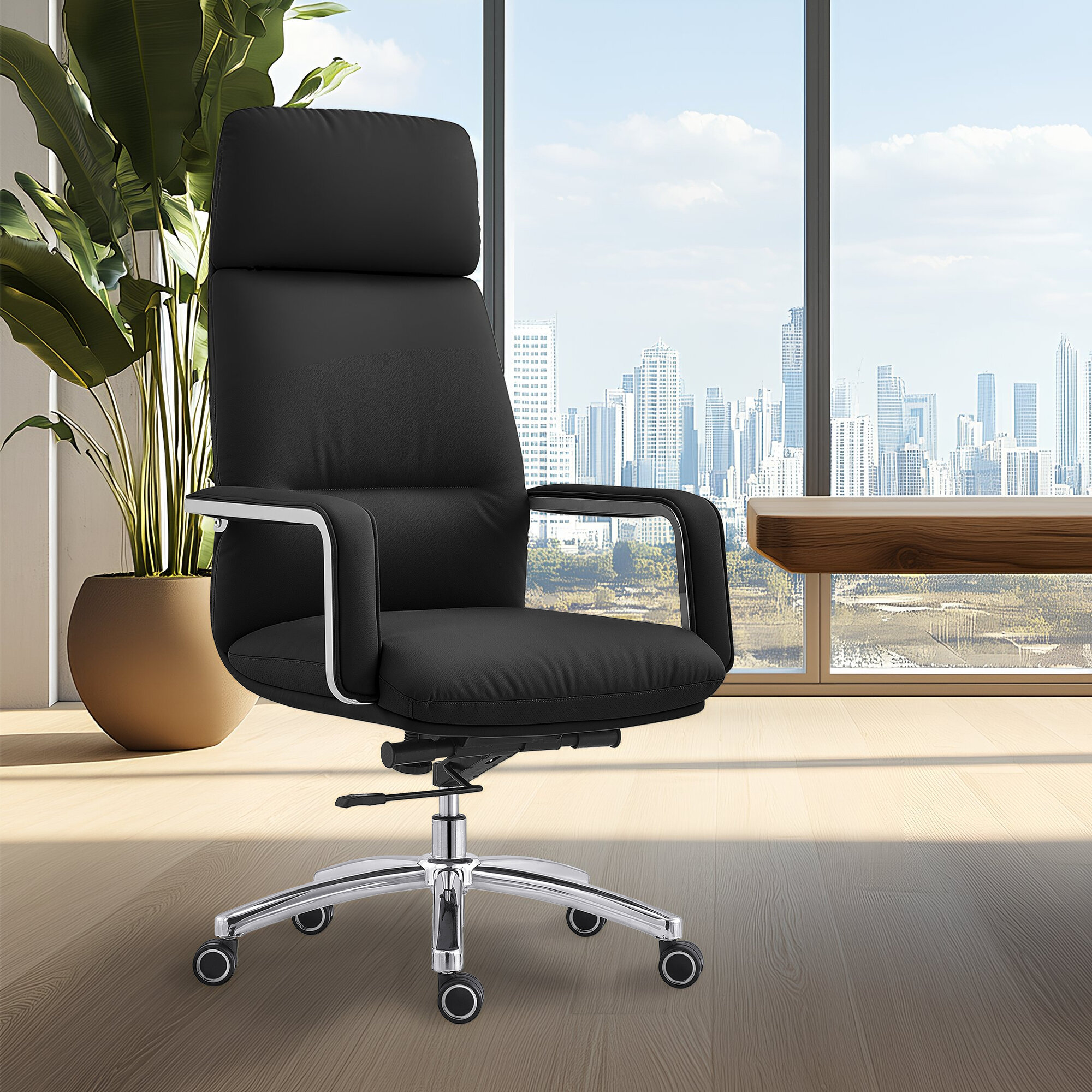 Кресло руководителя кабинетное, офисное ROMAAR Ricco. Цвет чёрный. Стальные подлокотники с кожаными накладками. Материал отделки искусственная кожа.