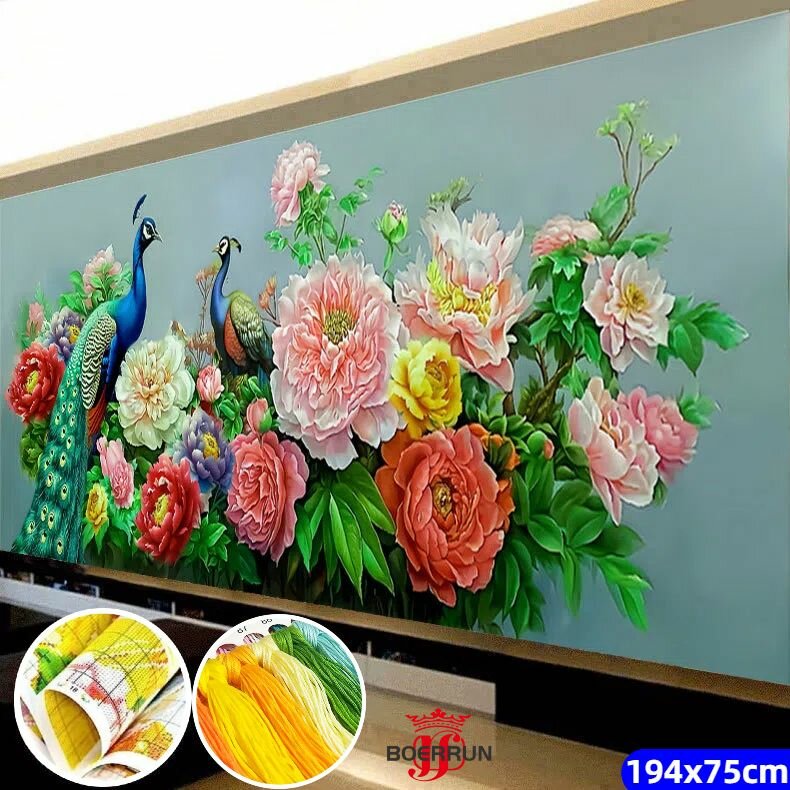 Набор для вышивания крестом, вышивка крестиком Пион и павлин, 11CT 194x75cm, полная зашивка (без подрамника, без рамки)