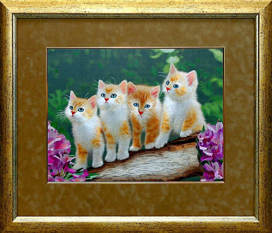 Декоративная настенная картина Живой Шелк Рыжий квартет, вышивка шелком ручная с 3Dэффектом/см 55х45х3/багет+паспарту