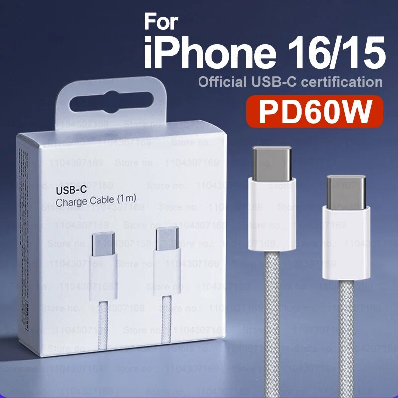 Оригинальный кабель для быстрой зарядки PD 60 Вт USB-C для Apple iPhone 16 15 Pro Max Plus USB C к Type C для быстрой зарядки Xiaomi Samsung 2 м