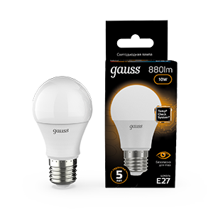 Лампа Gauss Black A60, 10W, 880 lm, теплый свет 3000K, цоколь E27, LED