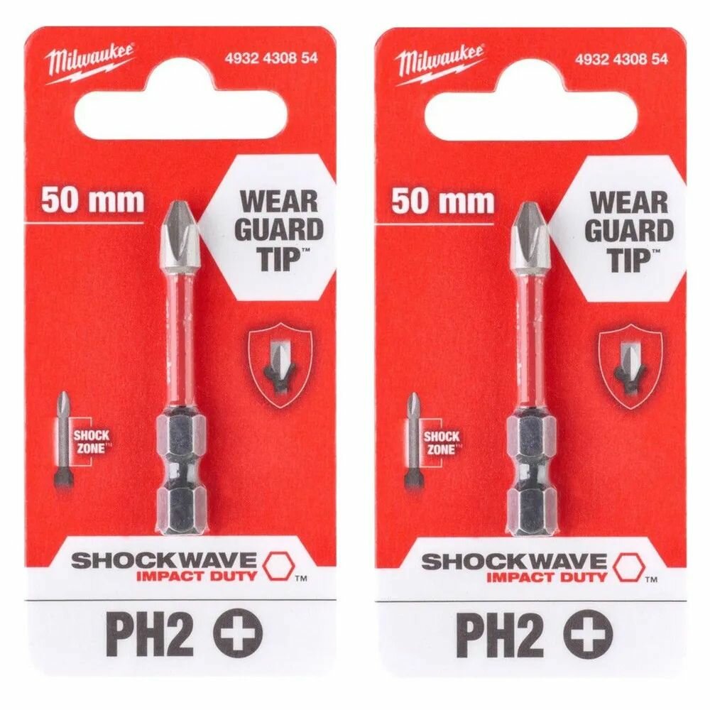 Биты Milwaukee Shockwave "Impact Duty" PH2, односторонние, длина 50мм, 2 шт