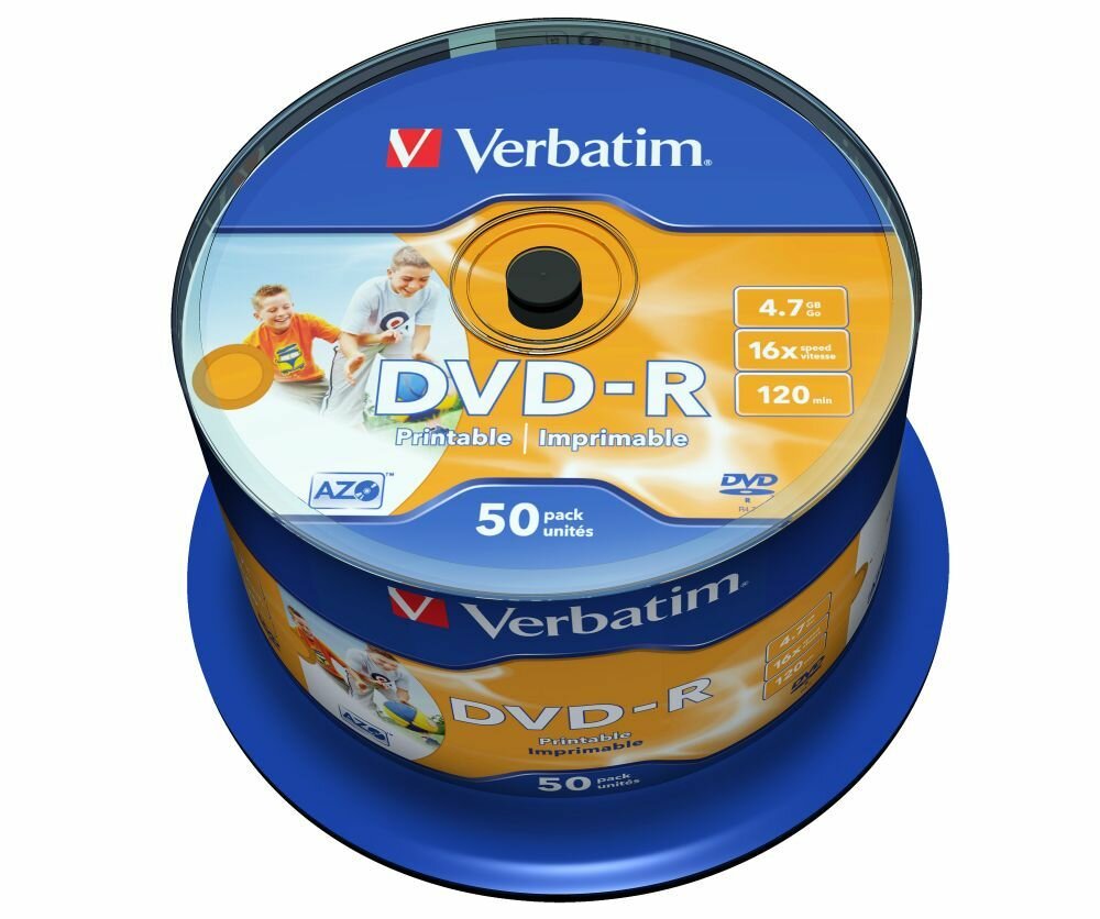 Оптические диски Verbatim DVD-R 4.7 ГБ 16X AZO под струйную печать Printable No ID 50 шт. на шпинделе