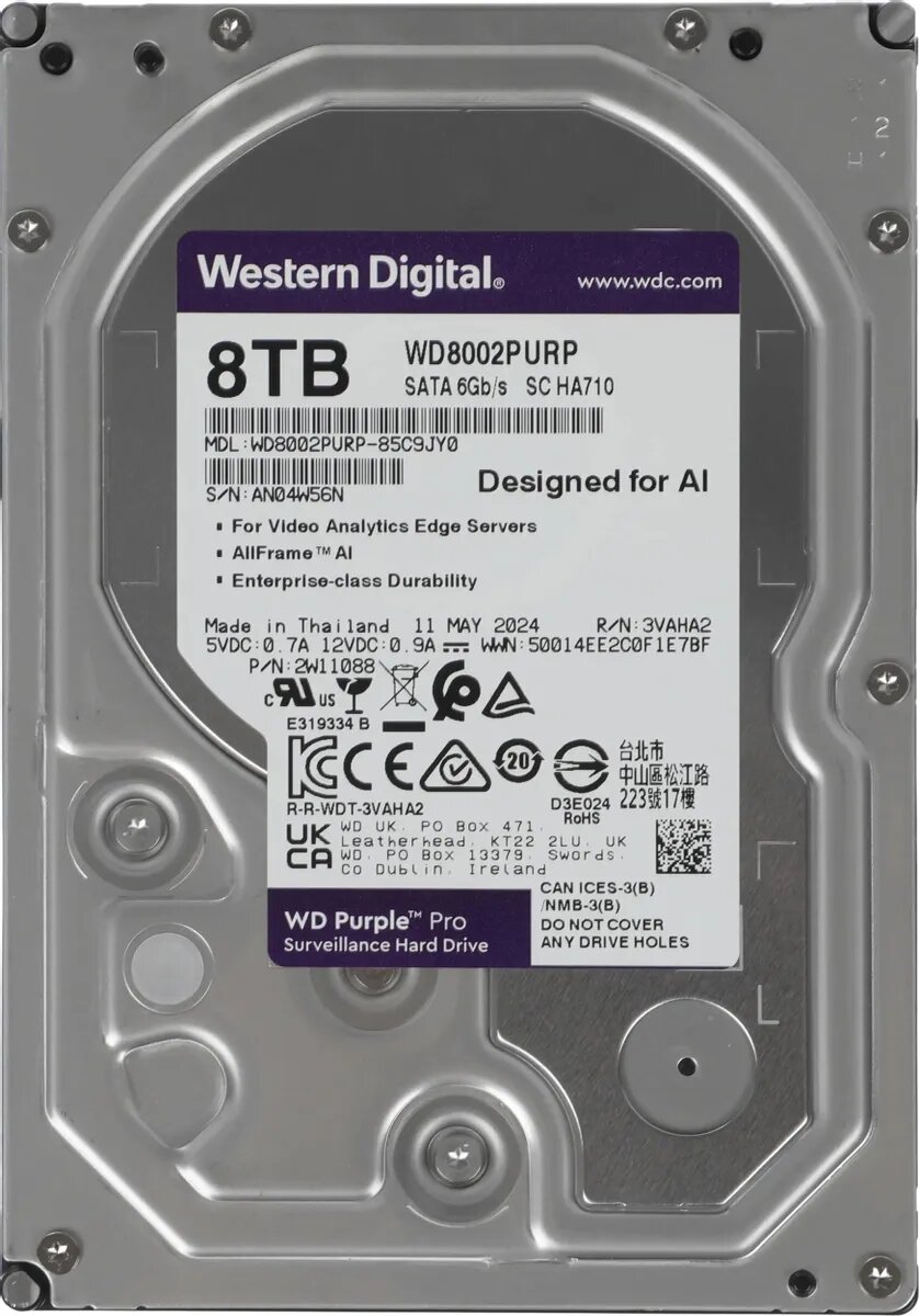 WD8002PURP / Жесткий диск WD Purple Pro WD8002PURP, 8ТБ, HDD, SATA III, 3.5"