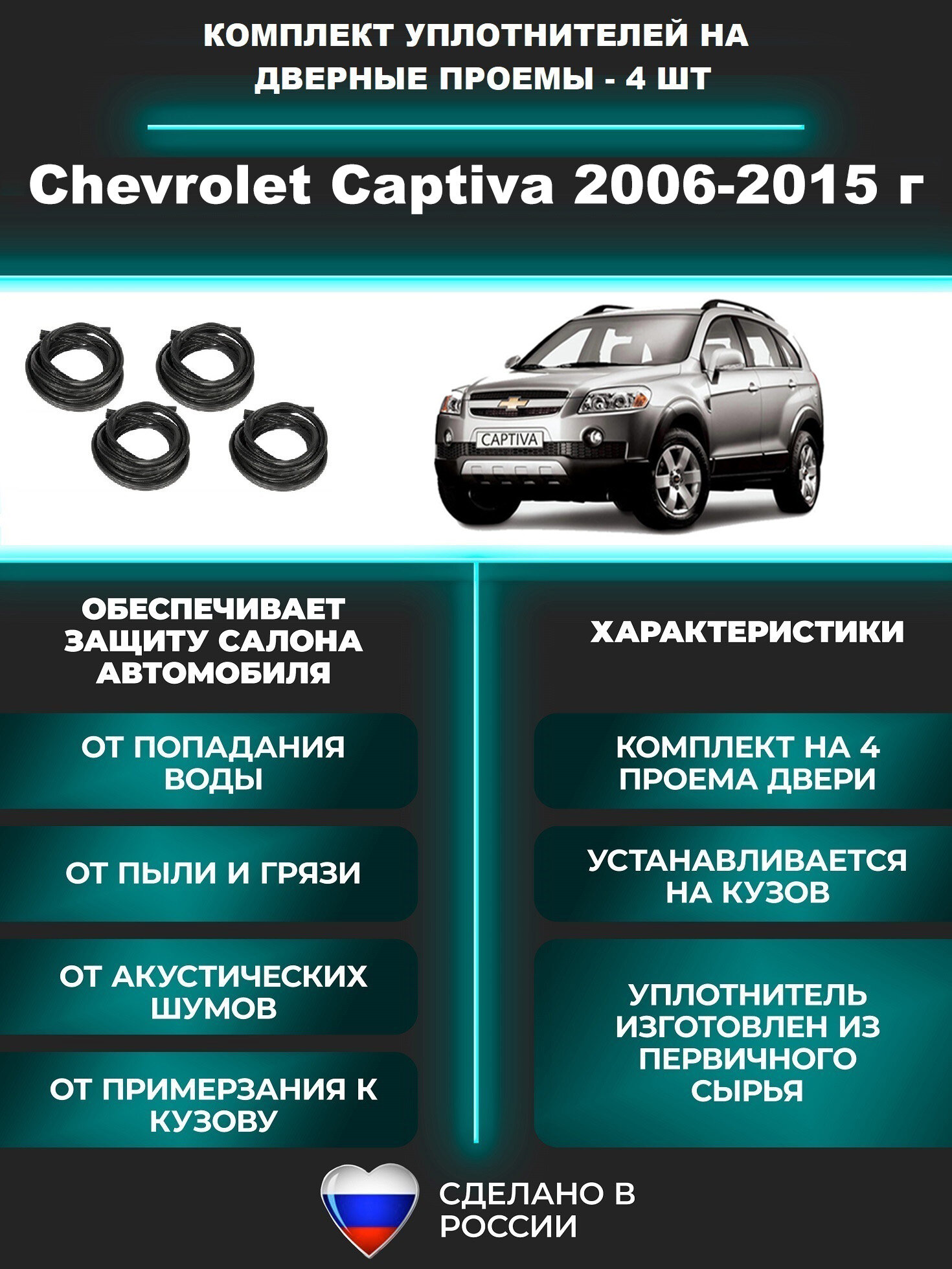 Комплект уплотнителей на проем дверей для Chevrolet Captiva 2006-2015 г, Шевроле Каптива, 4 шт