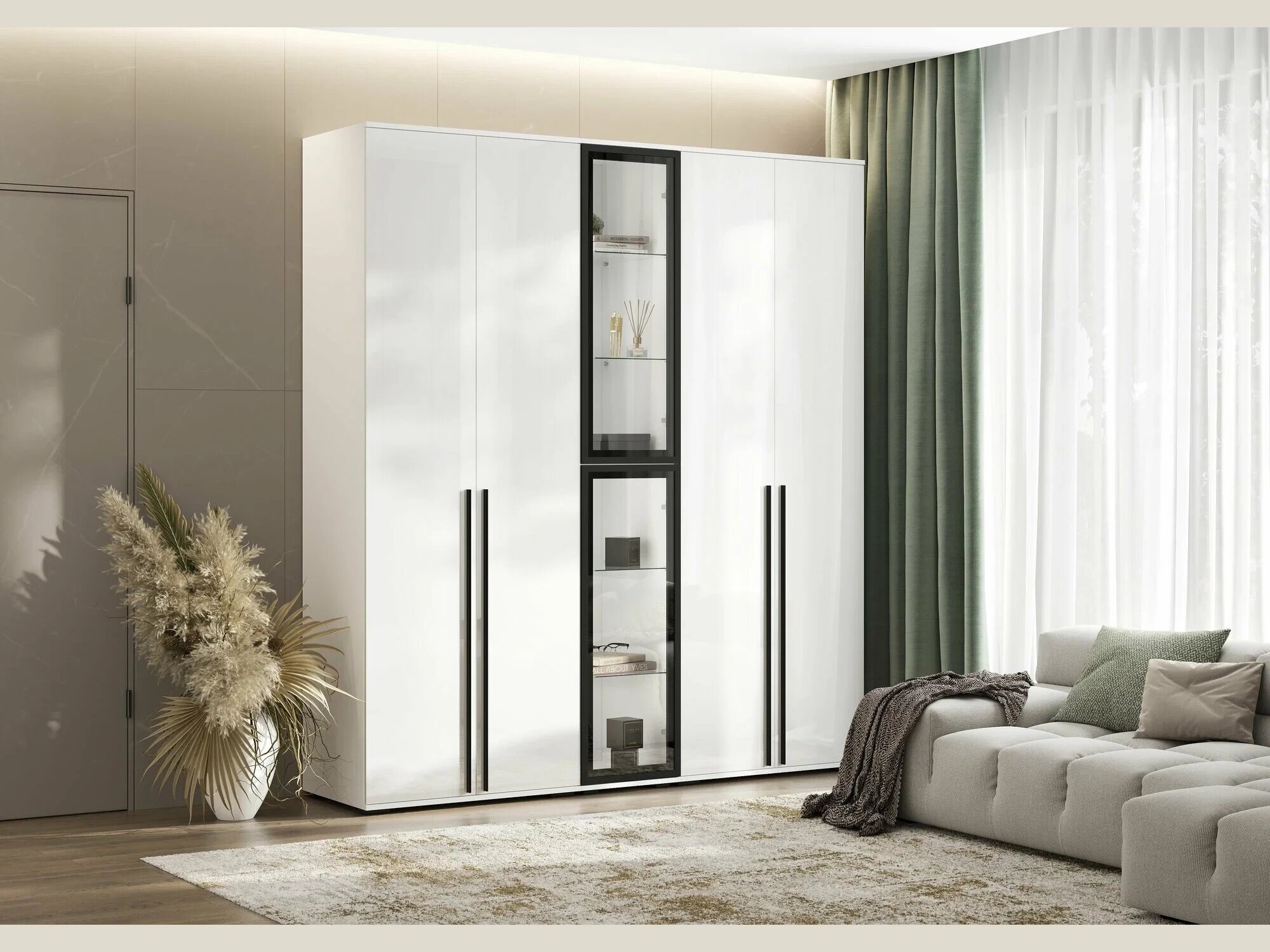 Комплект из двух двухдверных шкафов и пенала со стеклом, ЛДСП, с подсветкой, белый