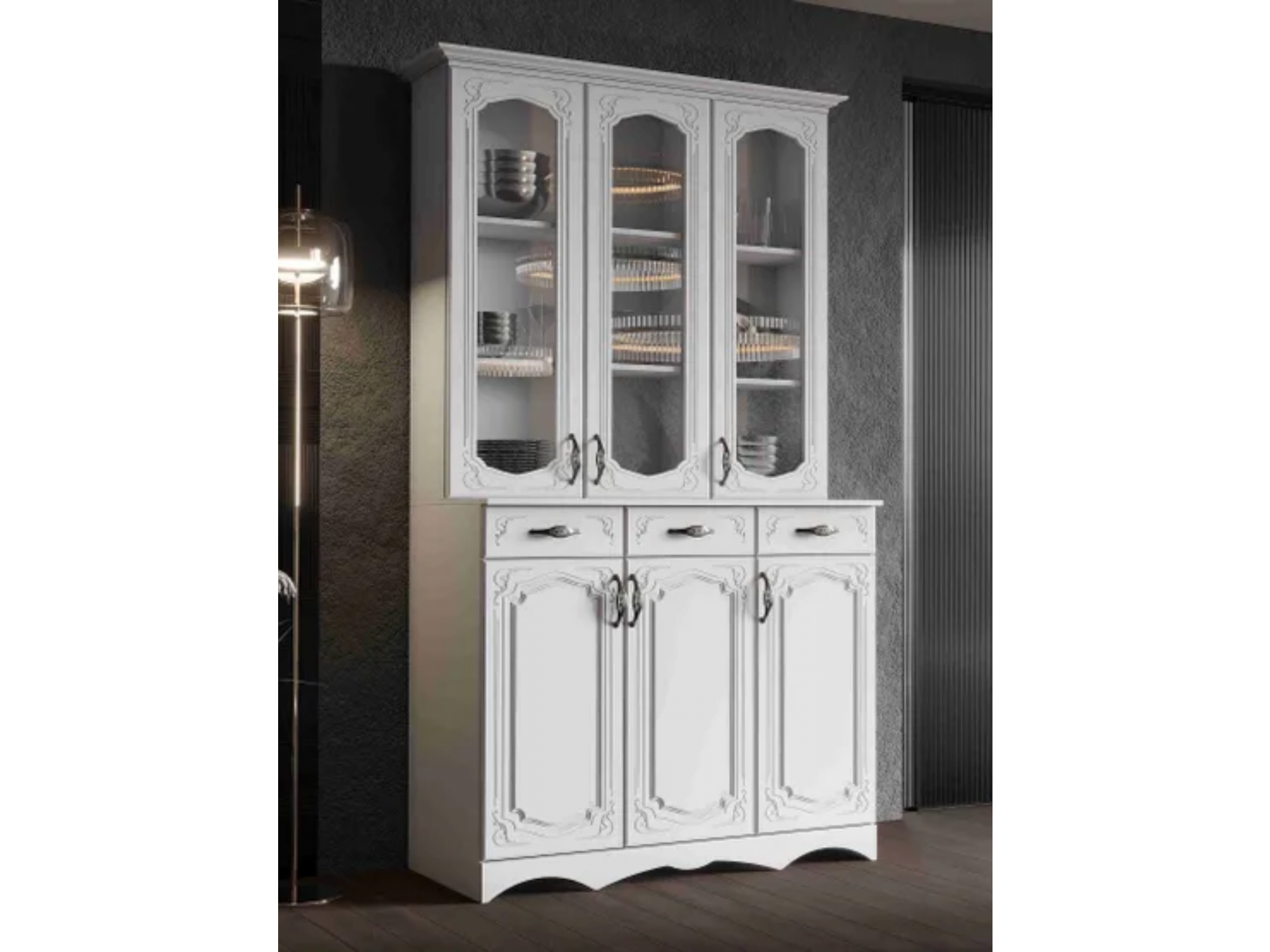 Буфет 3-х створчатый, в классическом стиле, Белый/Белый матовый (МДФ)