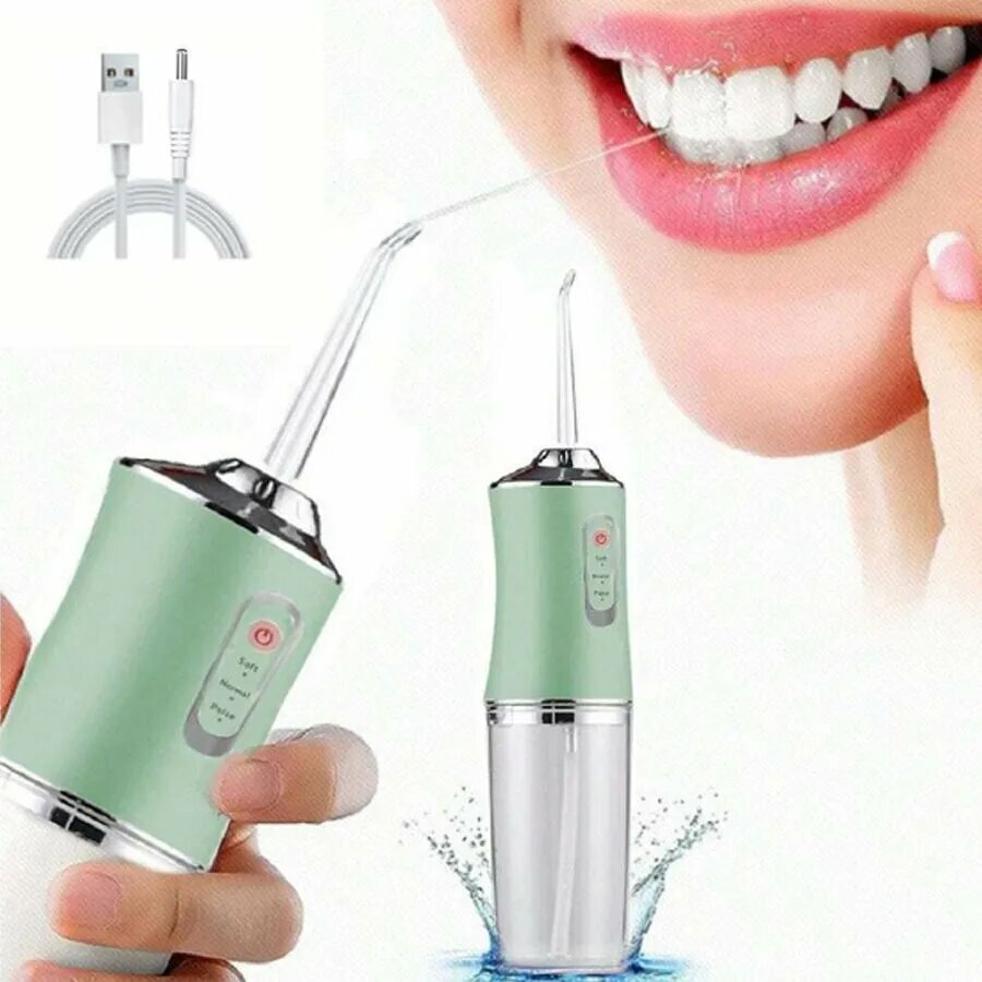 Портативный ирригатор для полости рта, беспроводной электрический аппарат для чистки зубов десен брекетов виниров протезов языка, дорожный набор зеленый