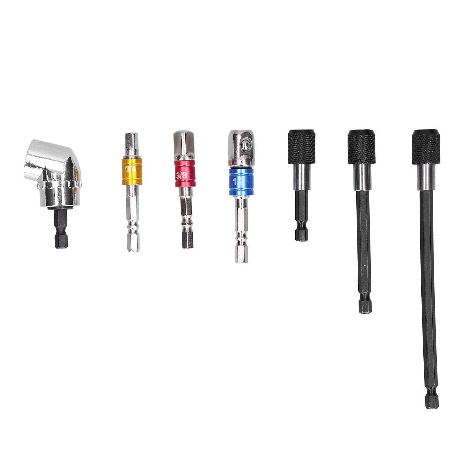 Набор из 7 металлических удлинителей для торцевых ключей с шестигранным хвостовиком и держателем бит, включающий в себя различные цвета.
