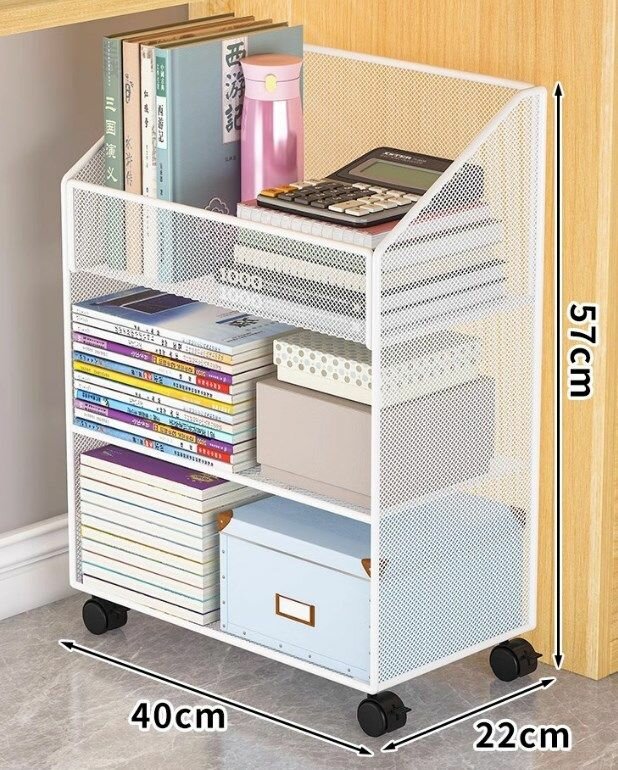 Этажерка-органайзер, для книг, металл, 3 уровня, на колесах, белаяa
