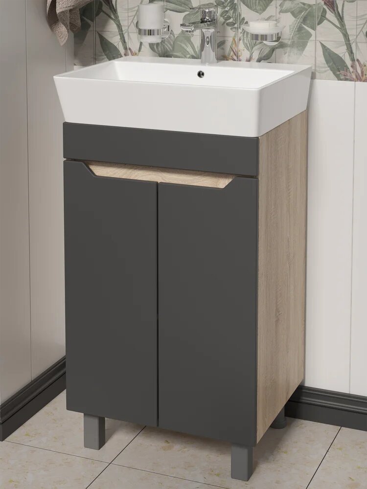 Тумба с раковиной DIWO Архангельск 50 напольная, 50 см, серая, светлое дерево, матовая, из МДФ, с дверками, раковина для ванной фаянсовая, прямоугольная, встроенный слив-перелив, с сифоном