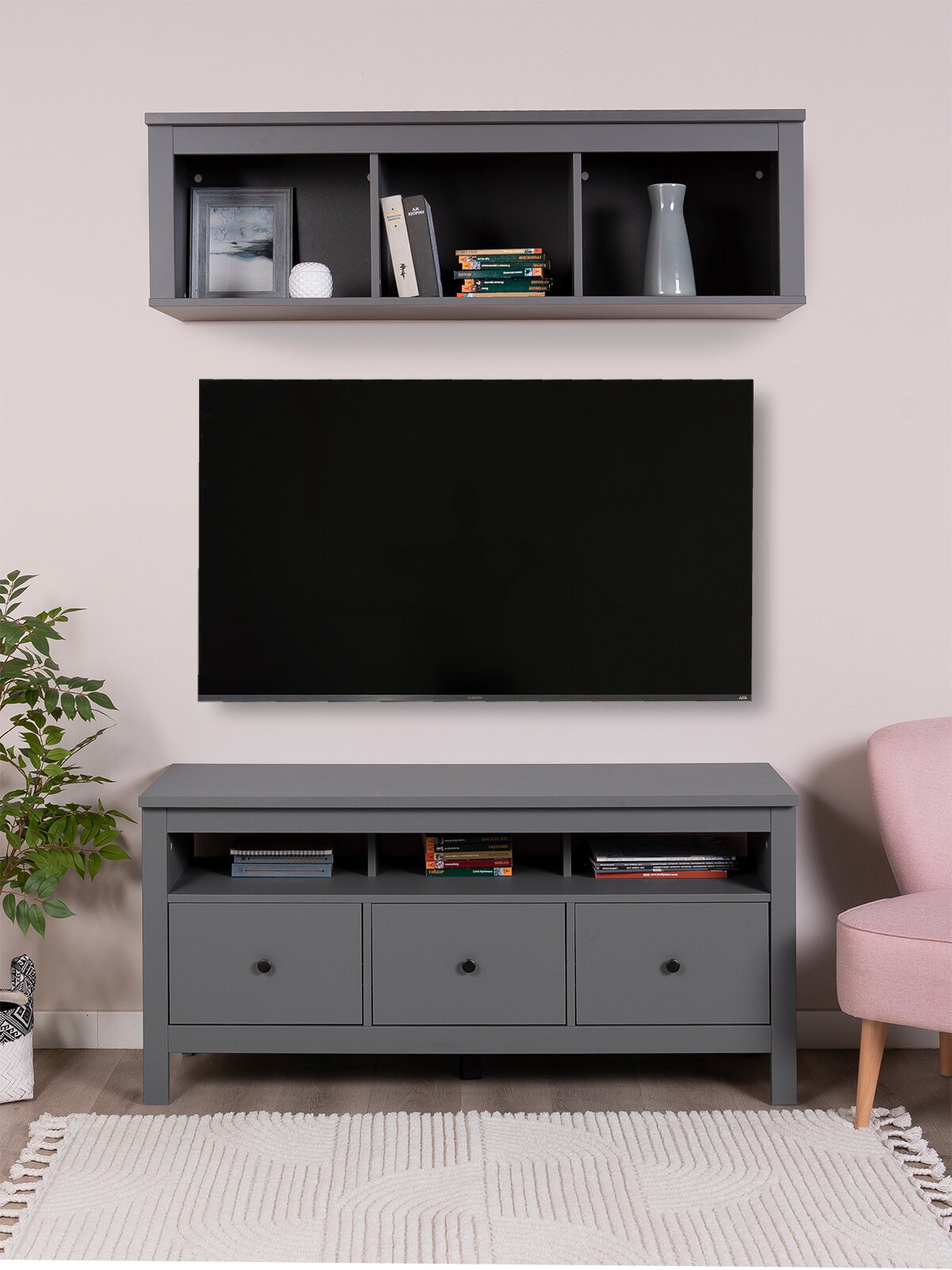 Тумба ГУД лакк Сага, 3 ящика, 131х41х62 см, направляющие с доводчиком, серая