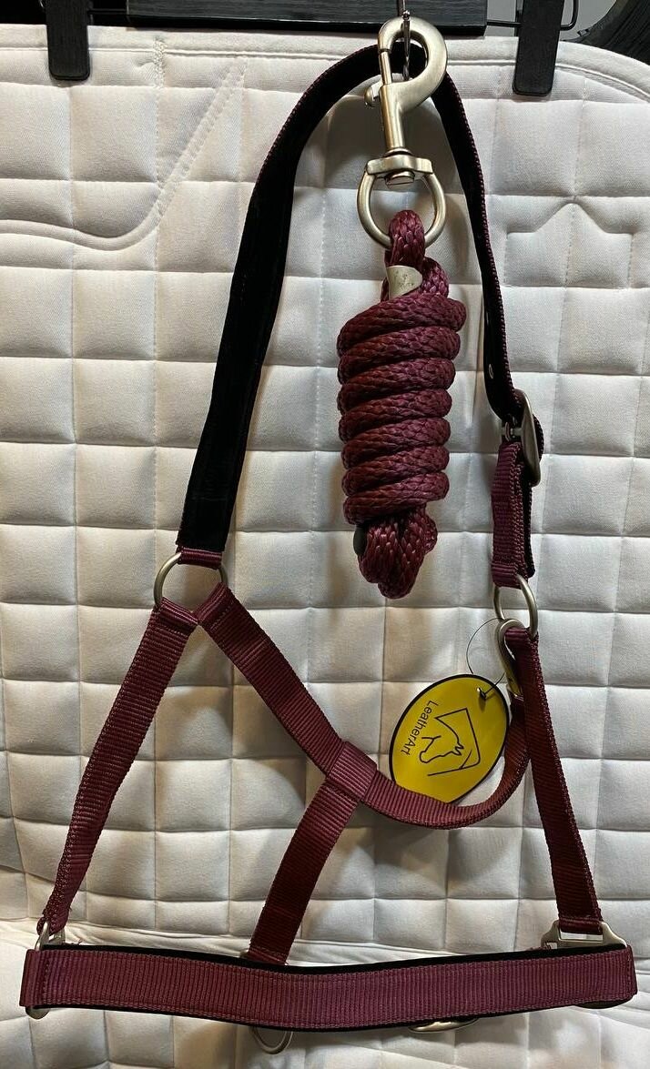 Недоуздок нейлоновый с мягкой подложкой + чомбур LeatherArt комплект, цвет бордовый, размер FULL