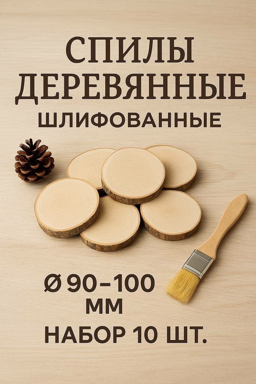 10 шт, 90-120 мм, Шлифованные деревянные спилы для рукоделия и поделок