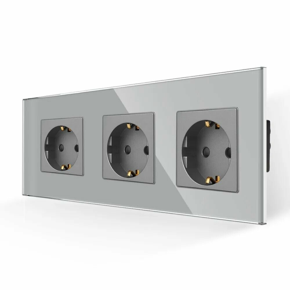 Розетка тройная 3 пост рамка стекло Серый