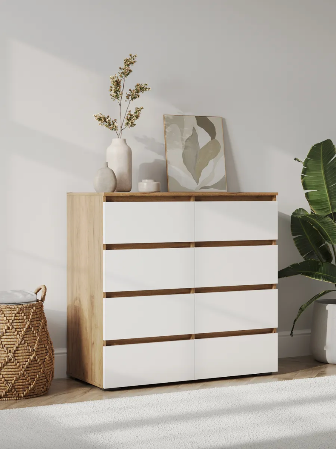 Комод 8 ящиков(100×96×46), белый/дуб крафт золото стильная мебель