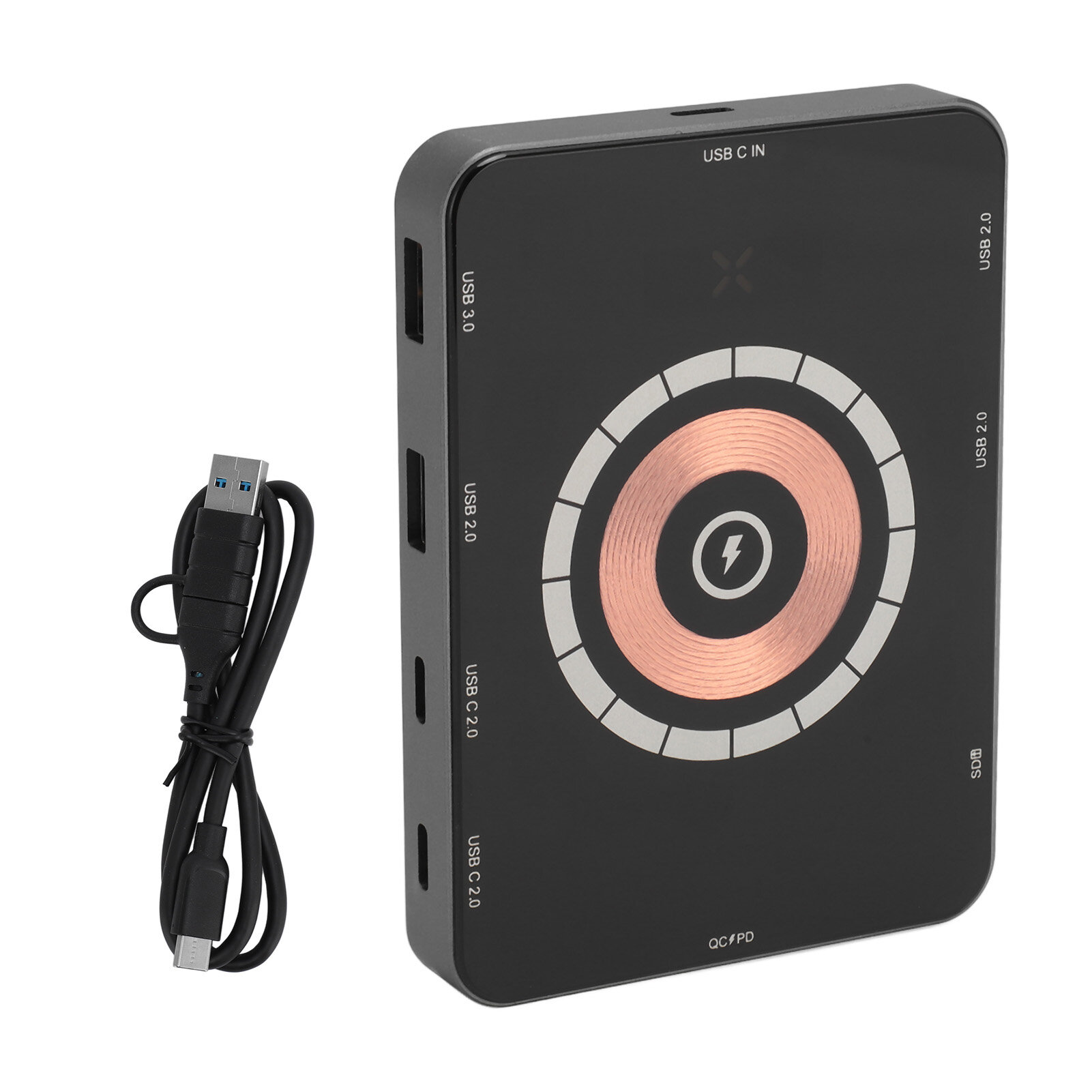 USB Cконцентратор с магнитной беспроводной зарядкой, слотом для карт памяти и корпусом из алюминиево