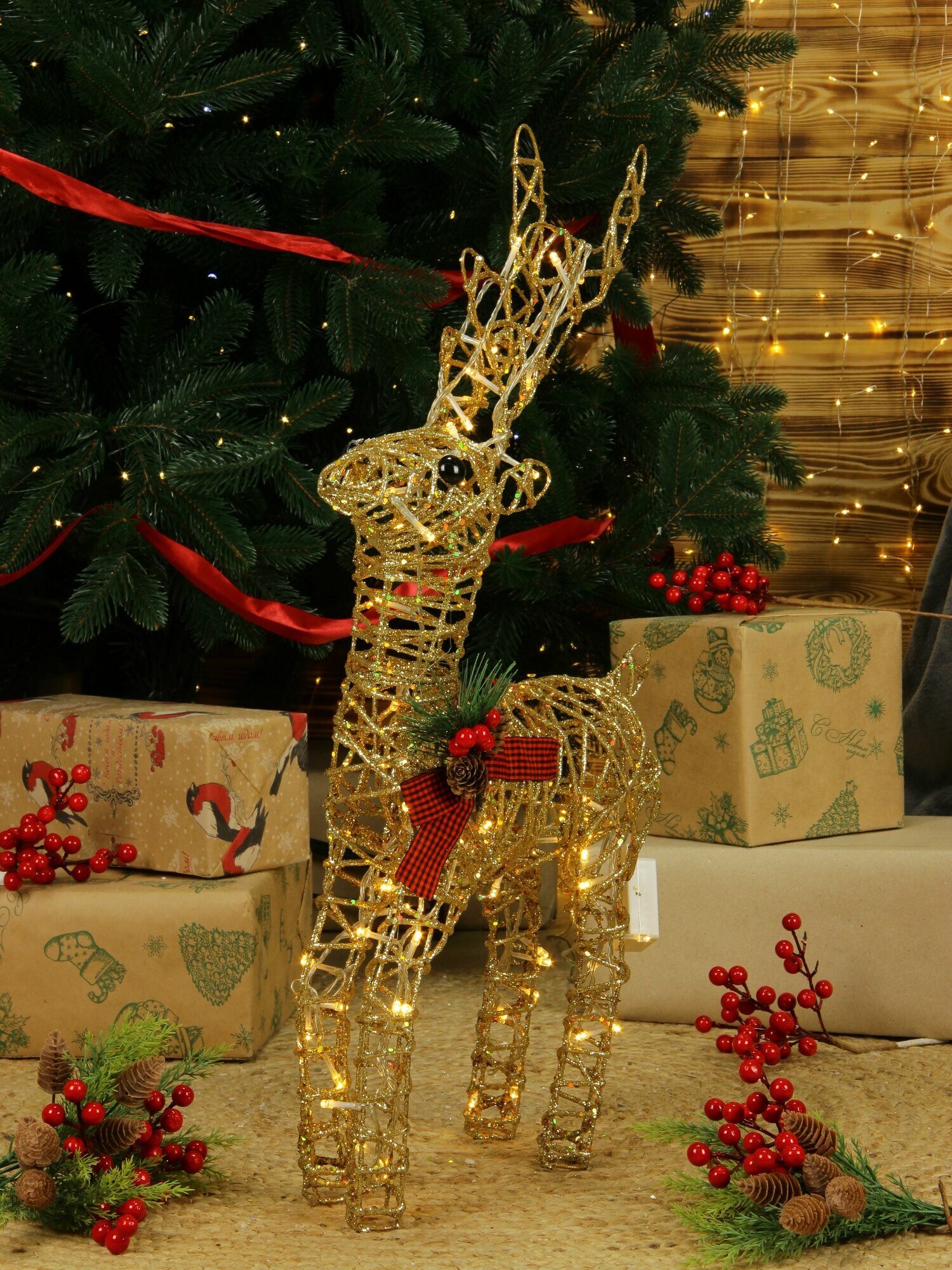 Олень новогодний под елку светящийся 60 см, из проволоки, золотой
