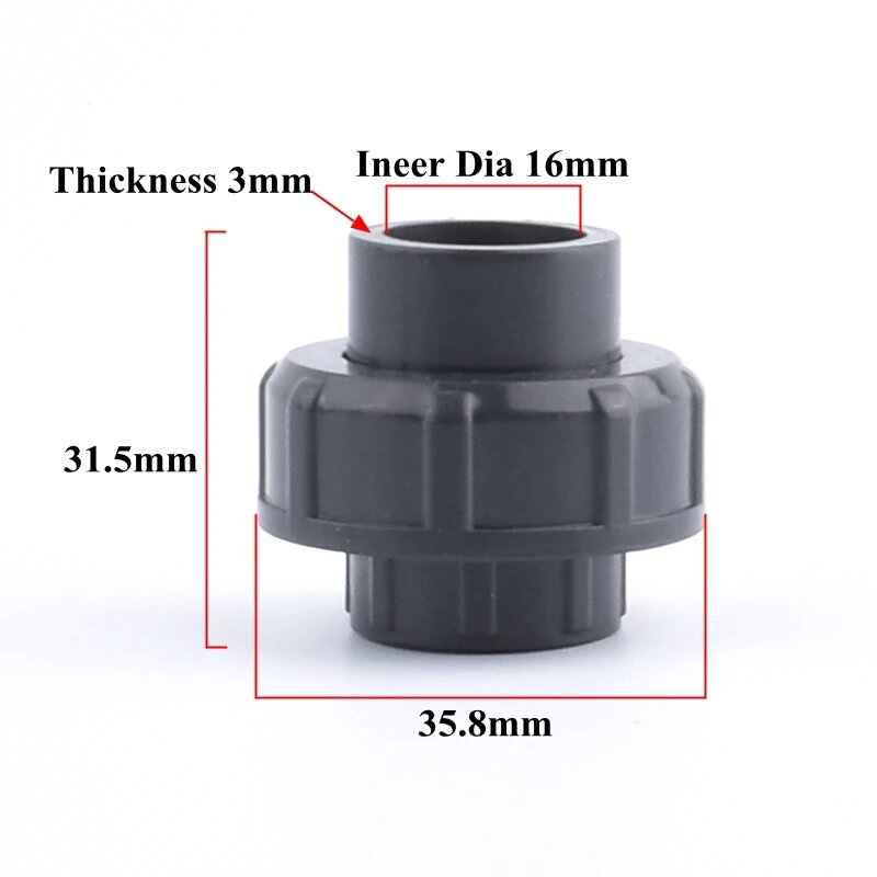 SgooHan 16 мм темно-серые ПВХ фитинги для труб Черный, Union Connector, 1Pc 16mm Dark Grey