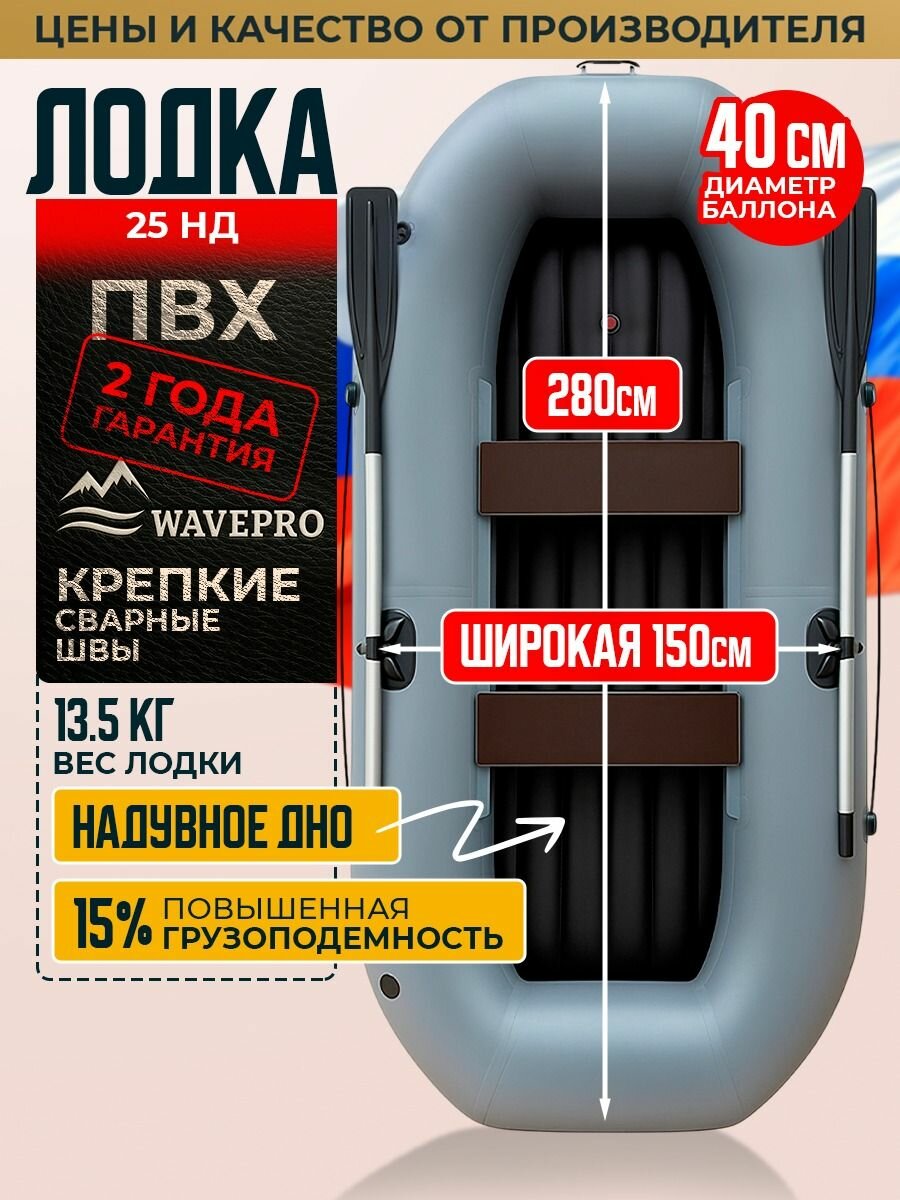 WavePro Лодка ПВХ для сплавов и рыбалки, надувное дно 280 см, серая