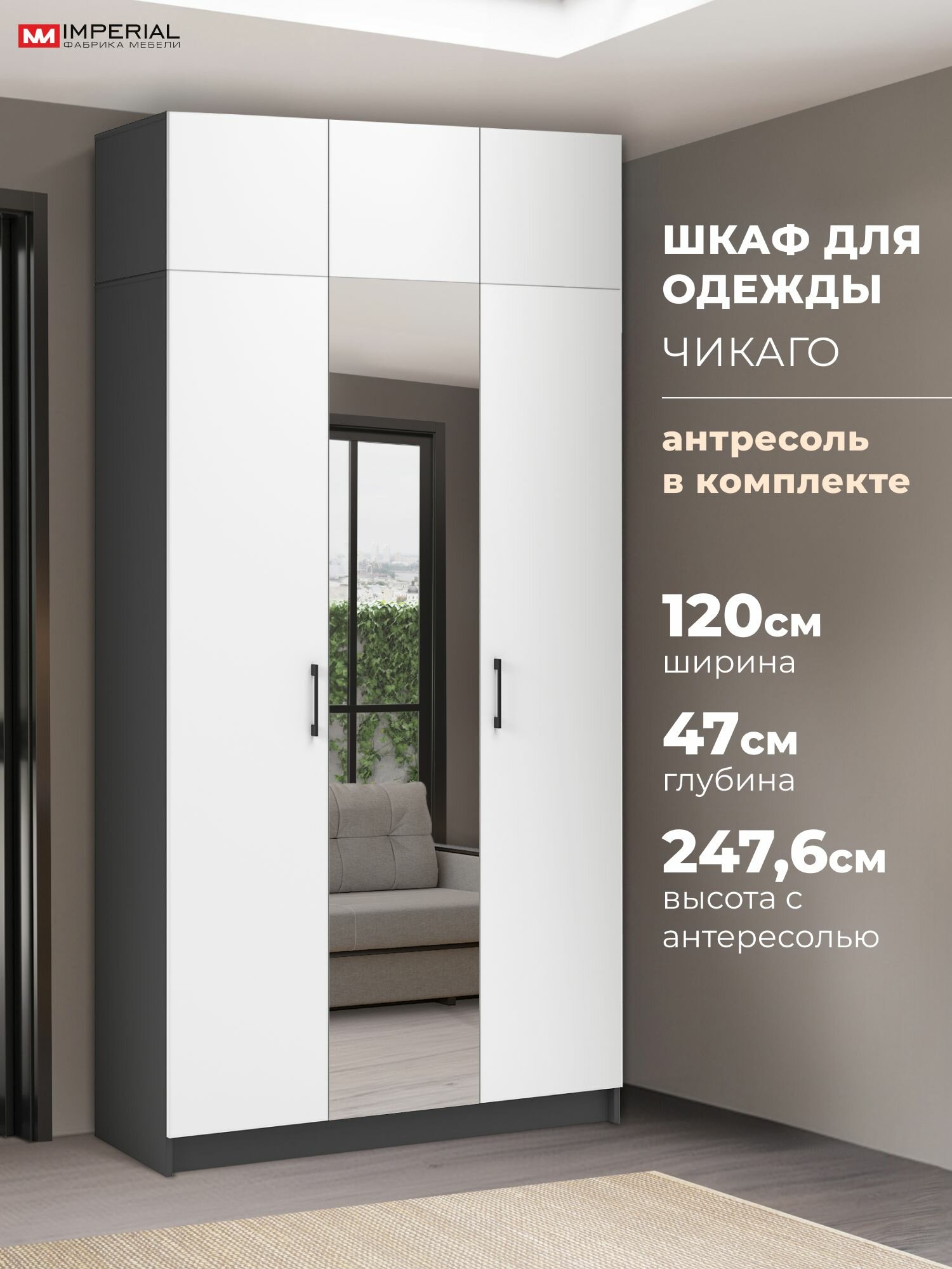 Шкаф распашной для одежды + антресоль Чикаго 3д 1 зеркало MAX, антрацит/белый