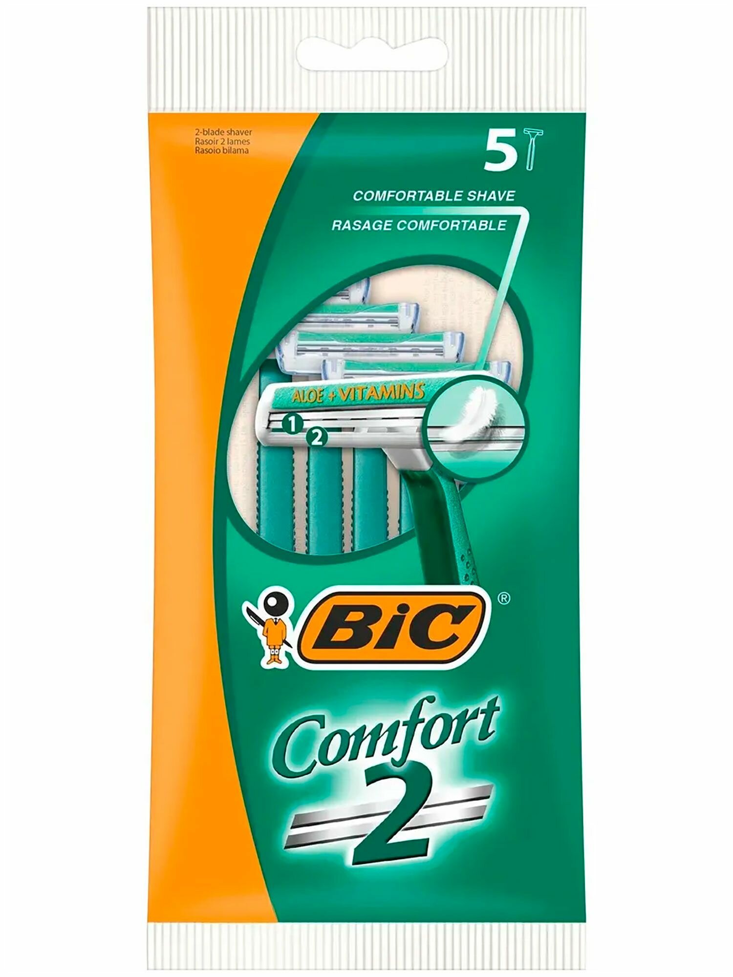 Bic Бритвы одноразовые 2 COMFORT (5 станков), 2 лезвия, увл. полоска, для чувств. кожи