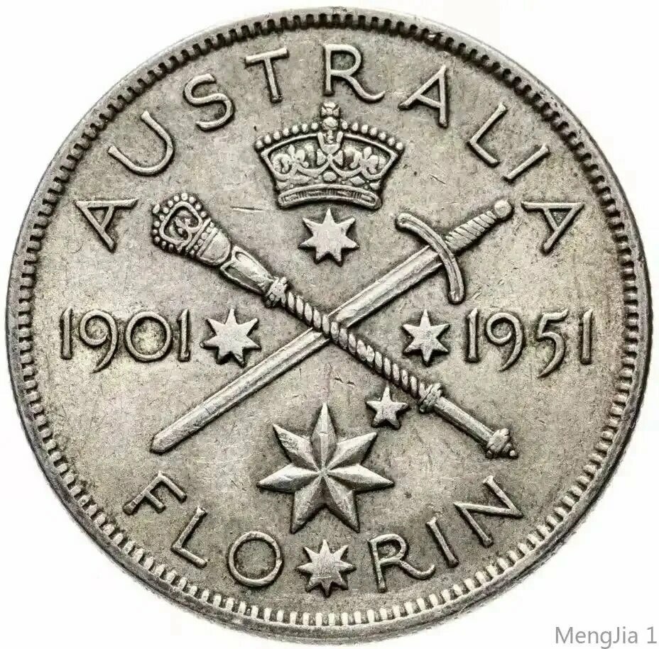 Австралия 2 шиллинга (флорин) 1951 года "50-летие Австралийского Союза", серебро 500 пробы 11,31 г, сохранность XF