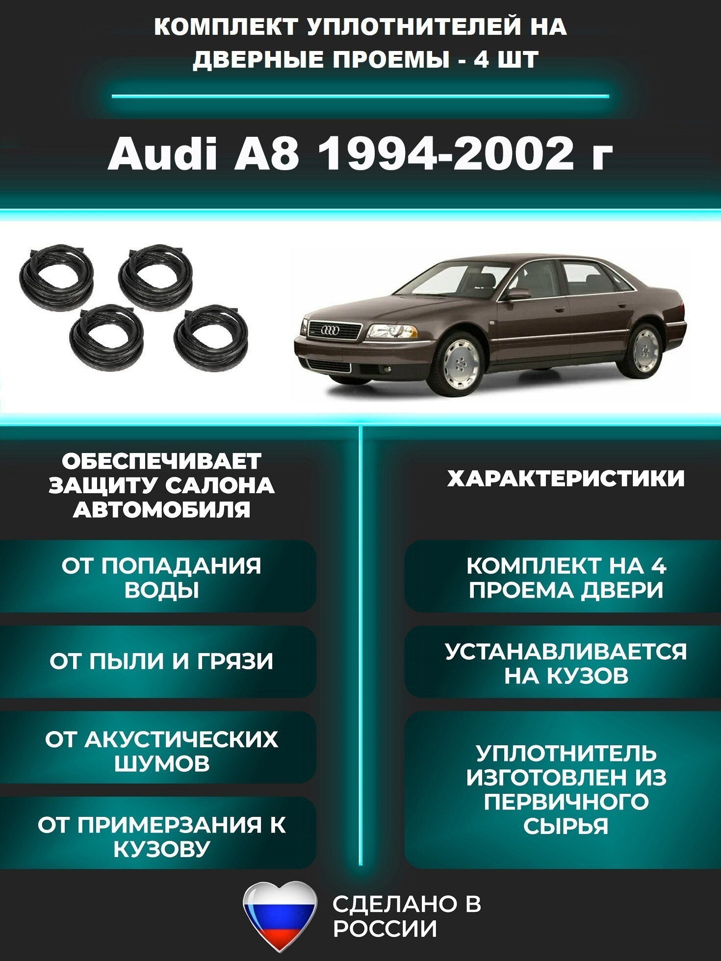 Комплект уплотнителей на проем дверей для Audi A8 1994-2002 г, Ауди А8, 4 шт