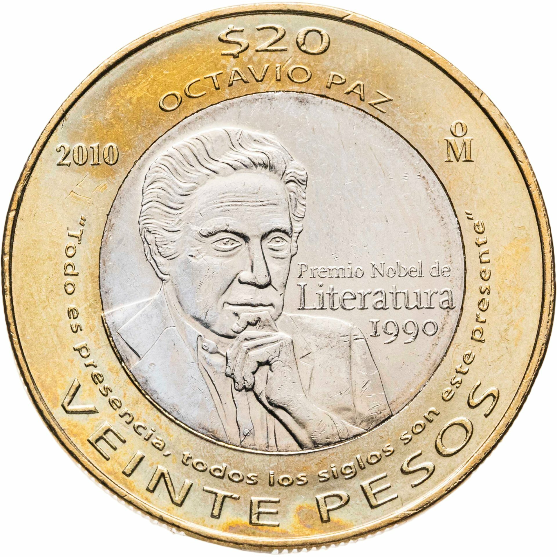 Мексика 20 песо (pesos) 2010 20 лет присуждения Нобелевской премии по литературе Октавио Пасу