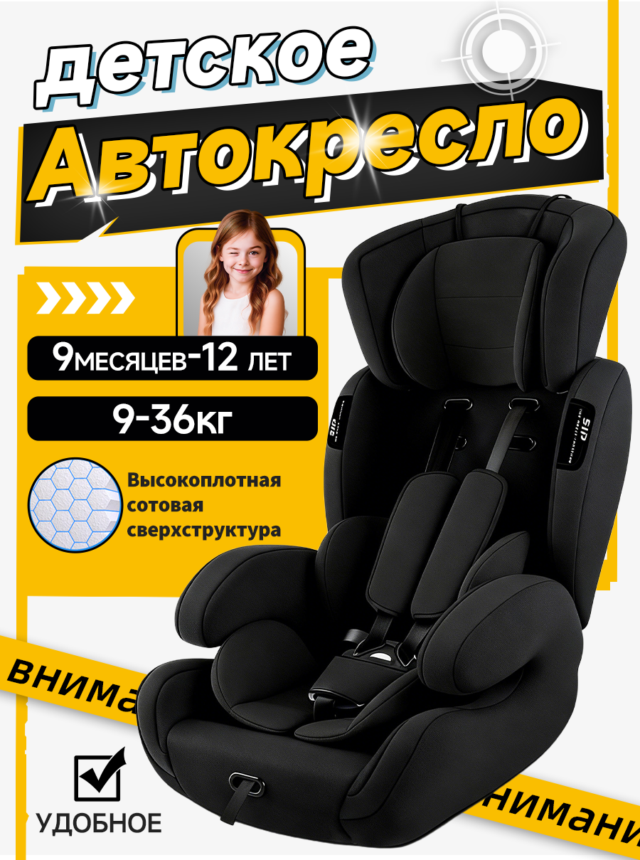 Автокресло детское 9-36 кг (1/2/3) складное, универсальное, защита шеи, 5-точечные ремни, черное