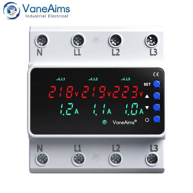 Реле защиты от перенапряжения VaneAims 3 фазы 380В 63А 100А