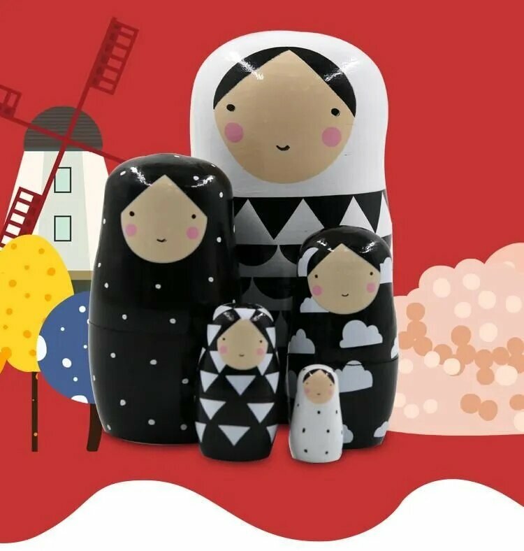 Матрешка 5 в 1 Монохром - Деревянный Набор , Дизайнерский Подарок и Арт-Декор в Инста Стиле