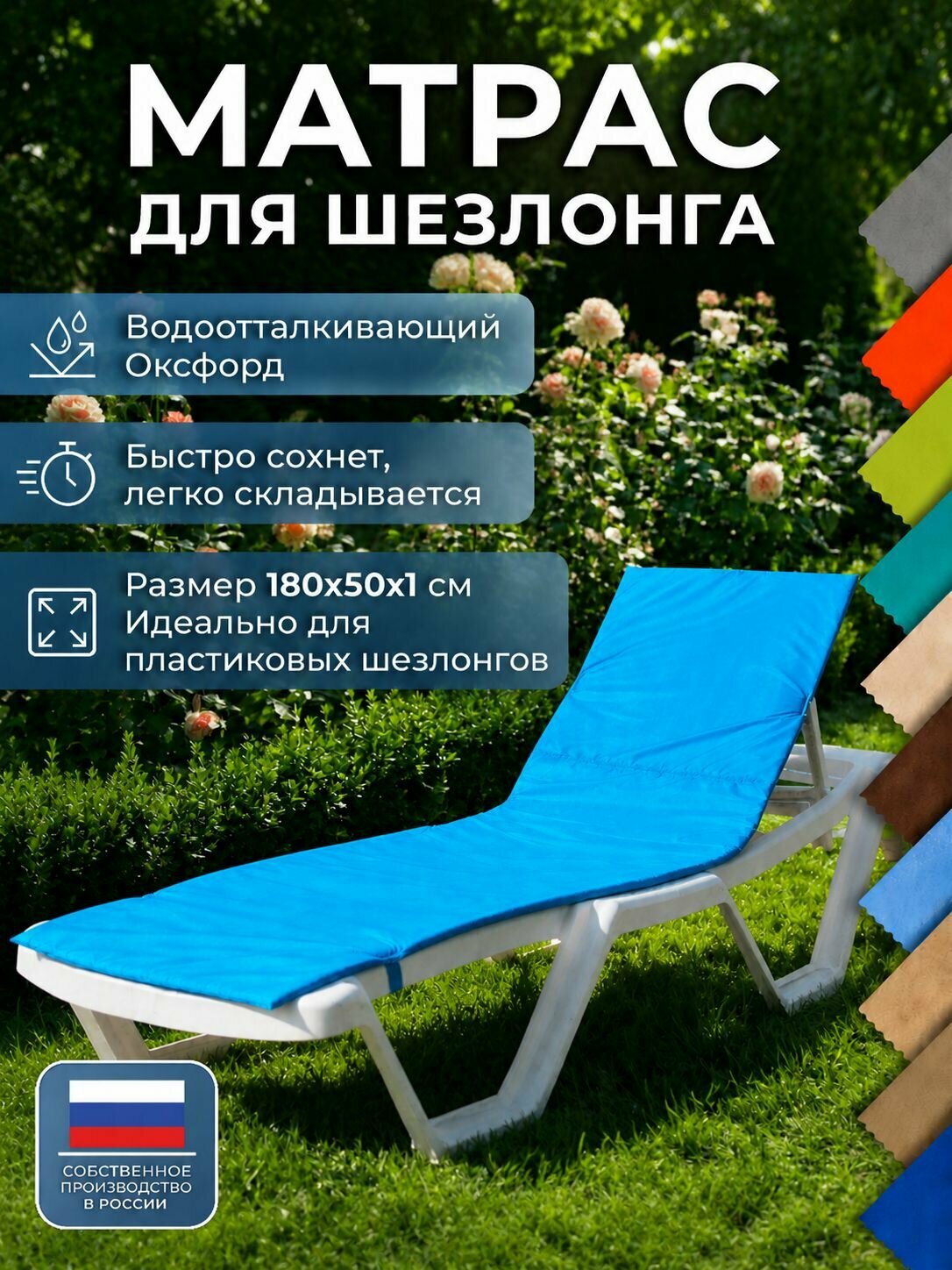 Матрас для шезлонга, садовой мебели и качелей 180х50х1 см, голубой, непромокаемый, Чудо Кресло