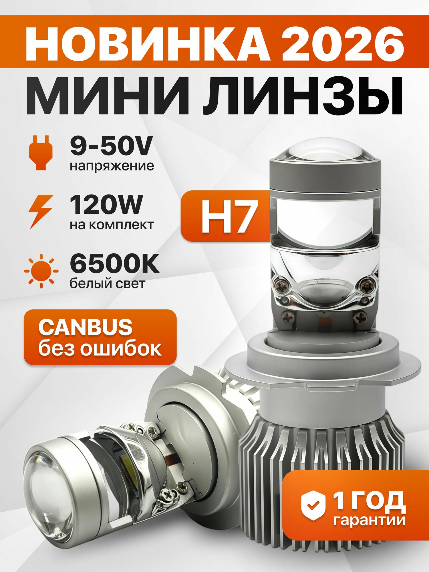 Мини линзы H7 R10 H7 120W, СТГ, 6500K Линзованные лед лампы h7 с CANBUS без ошибок, 2 шт