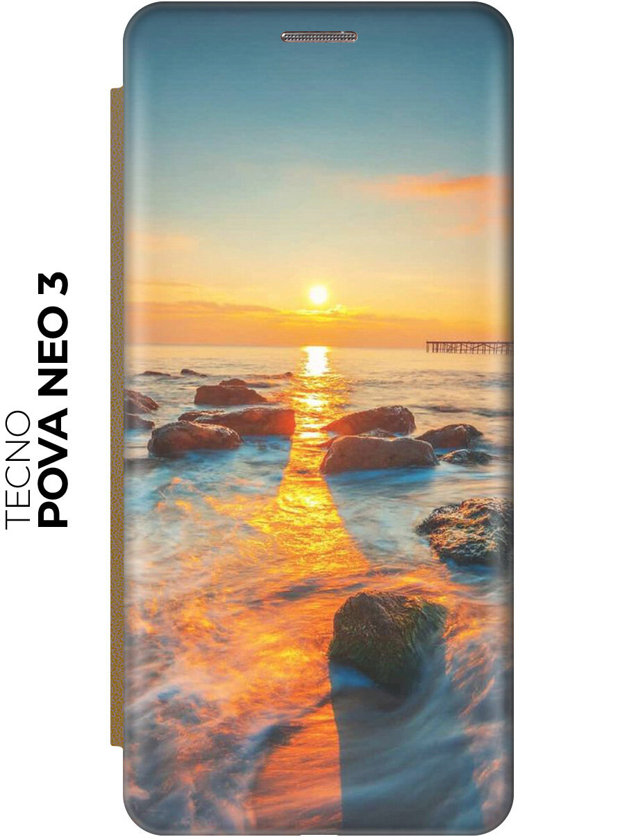 Чехол-книжка на Tecno Pova Neo 3 / Техно Пова Нео 3 с рисунком "Закат на побережье" золотистый
