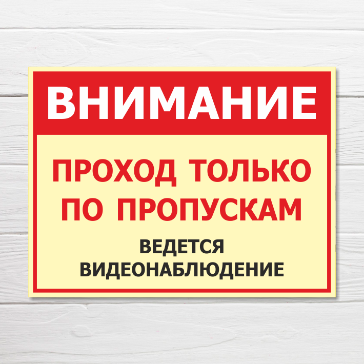 Табличка "Внимание, проход только по пропускам. Ведется видеонаблюдение.", 33х25 см, ПВХ