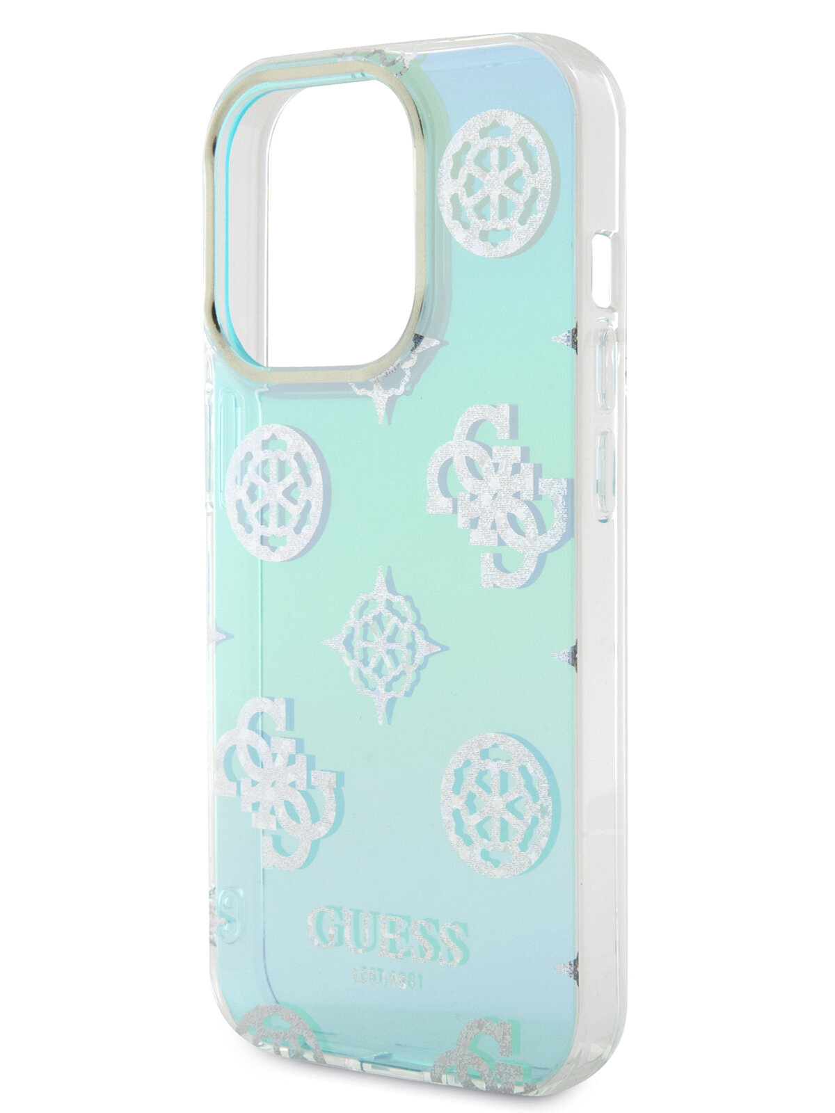 Guess для iPhone 15 Pro чехол PC/TPU Peony glitter +Nylon Hand cord Hard Iridescent Turquoise