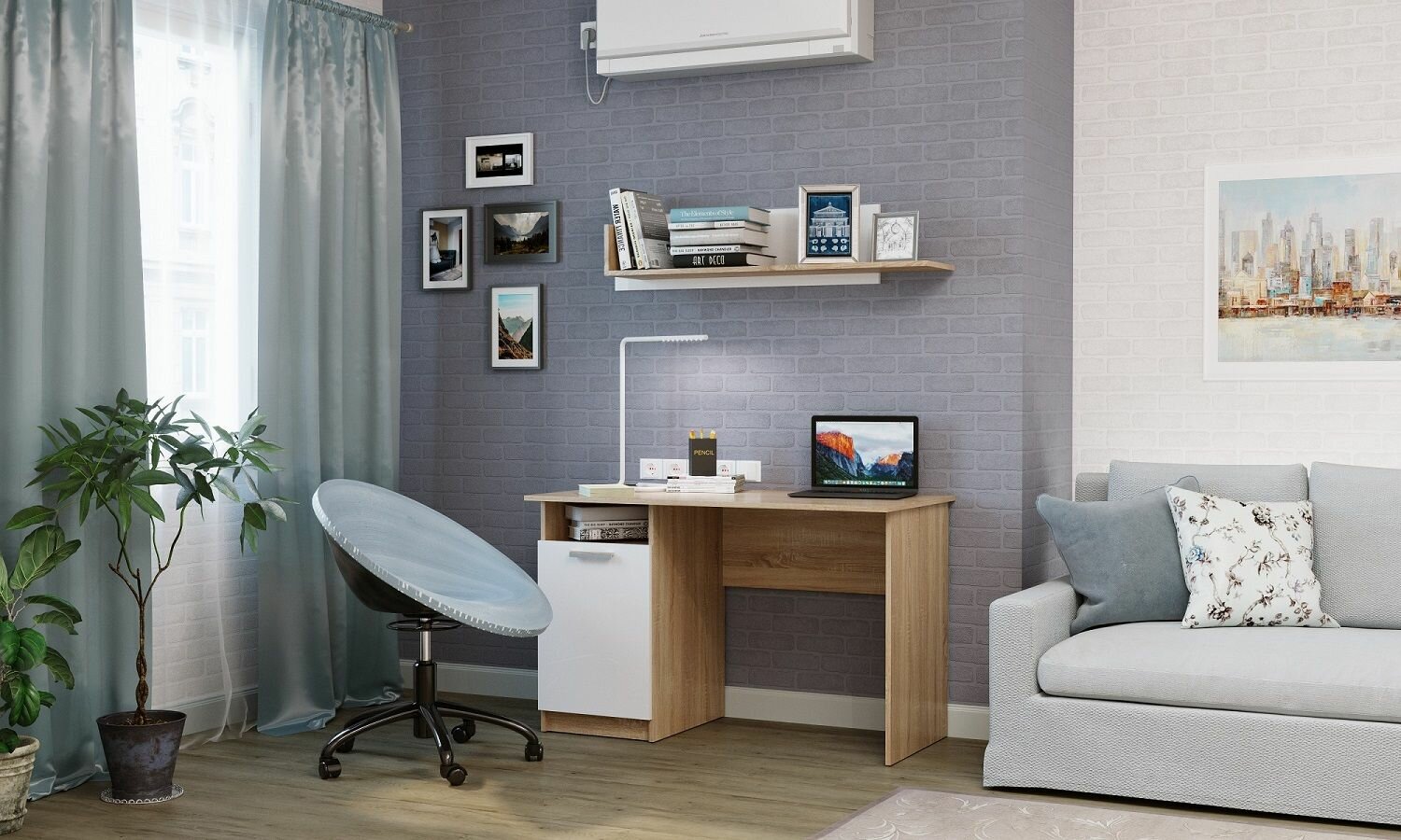 Компьютерный стол ПКС 12, Сонома/Белый глянец, ЛДСП, с полкой, тумбой, для гостиной, спальни, детской, 1200х750х600, памир