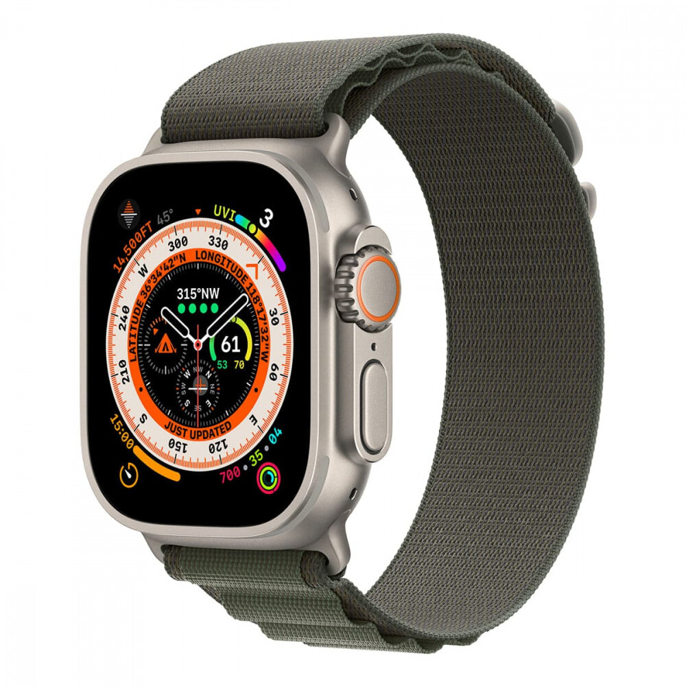 Apple Watch Ultra, 49 мм корпус из титана цвета «Natural», ремешок Alpine Loop размера L цвета «Green»