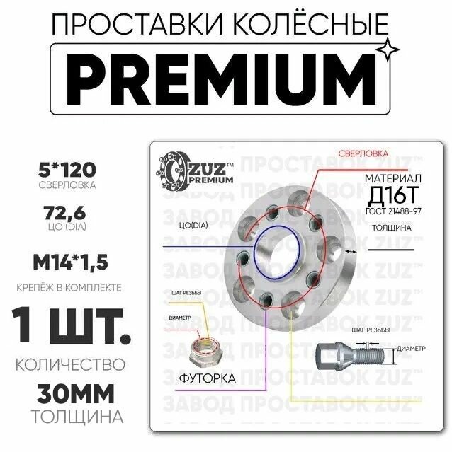Проставки колёсные 1шт. 30мм 5*120 ЦО72,6 м14*1,5 б+ф 30мм с бортиком премиум