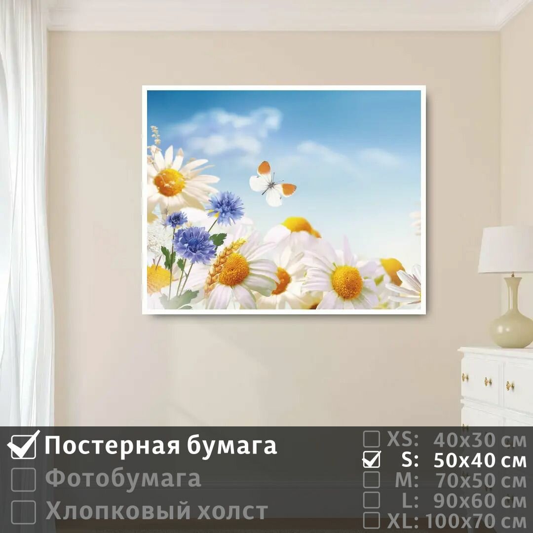 Постер на стену Бабочка Над Полевыми Цветами 50х40 см ПолиЦентр