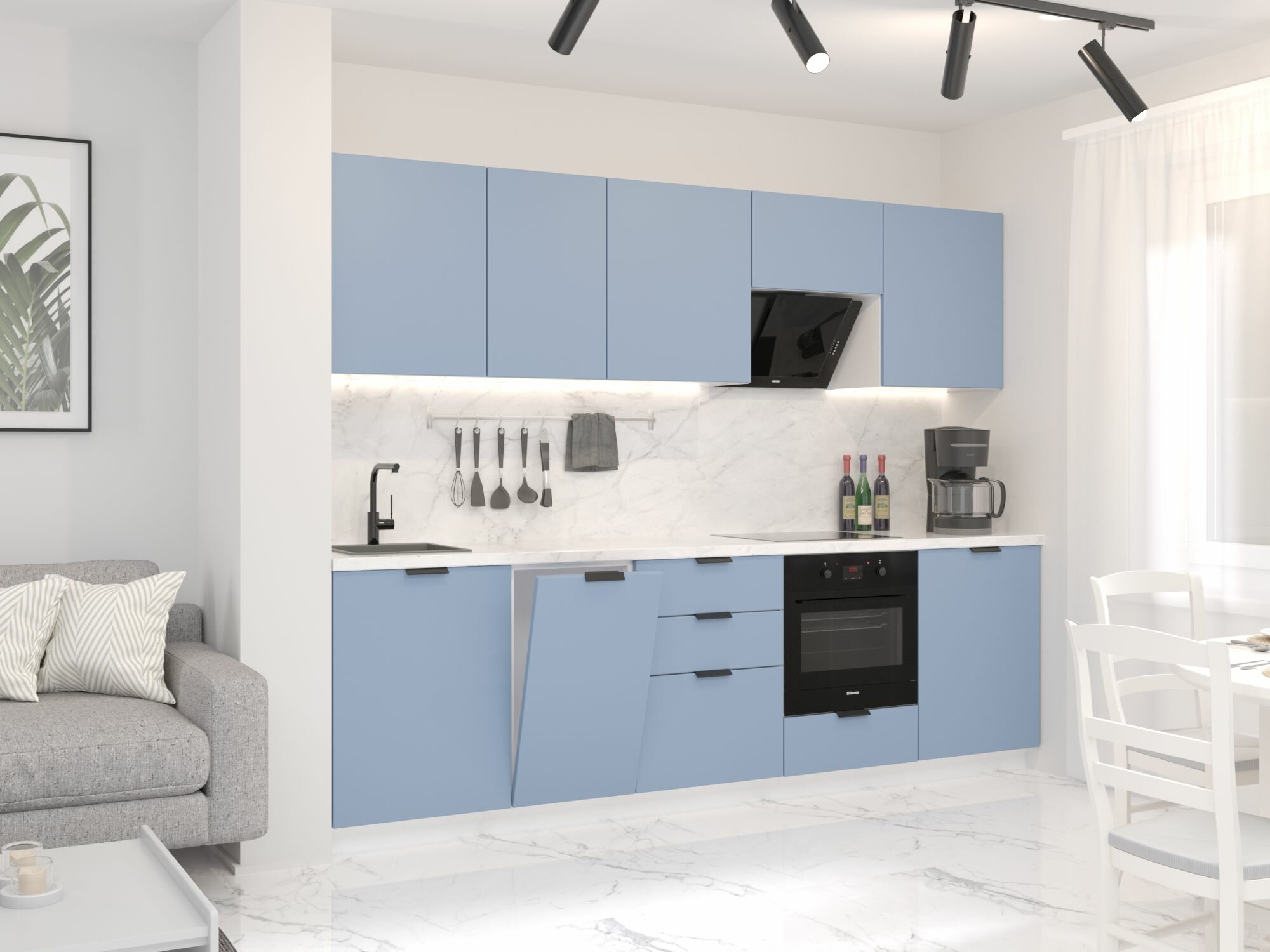Кухонный гарнитур Фьюжн, Голубой матовый, 2850 мм