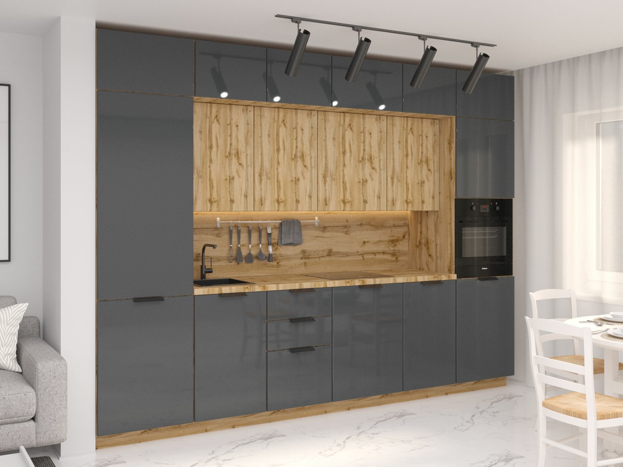 Кухонный гарнитур Фьюжн Антрацит глянец/Флэт Дуб Вотан, 3300 мм