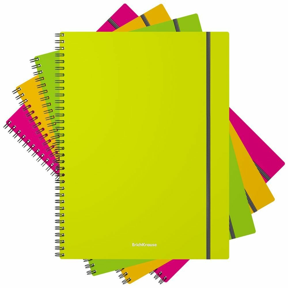 Тетрадь общая с пластиковой обложкой на спирали ErichKrause Neon, ассорти, А4, 80 листов, клетка, на резинке (1 тетрадь)