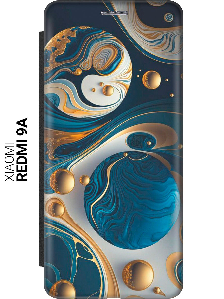 Чехол-книжка на Xiaomi Redmi 9A / Сяоми Редми 9А с рисунком "Сине-золотые фигуры" черный